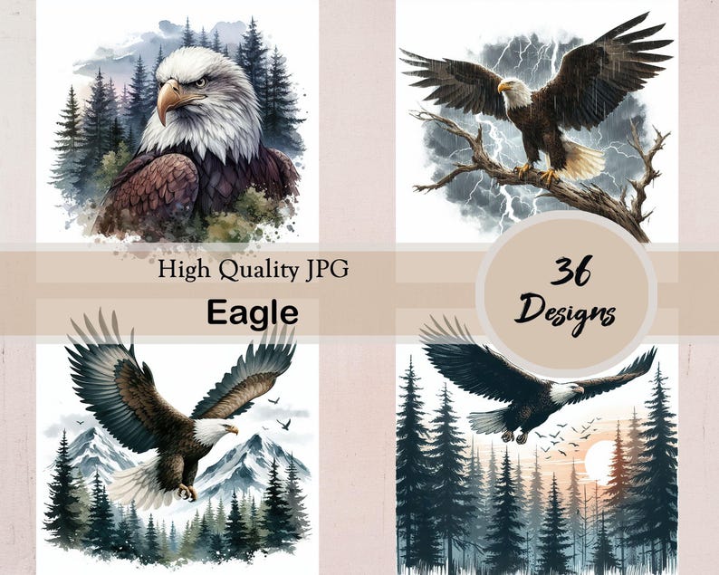 Watercolor Eagle Clipart, Printable Bald Eagle, 36 JPG Images, Digital ...