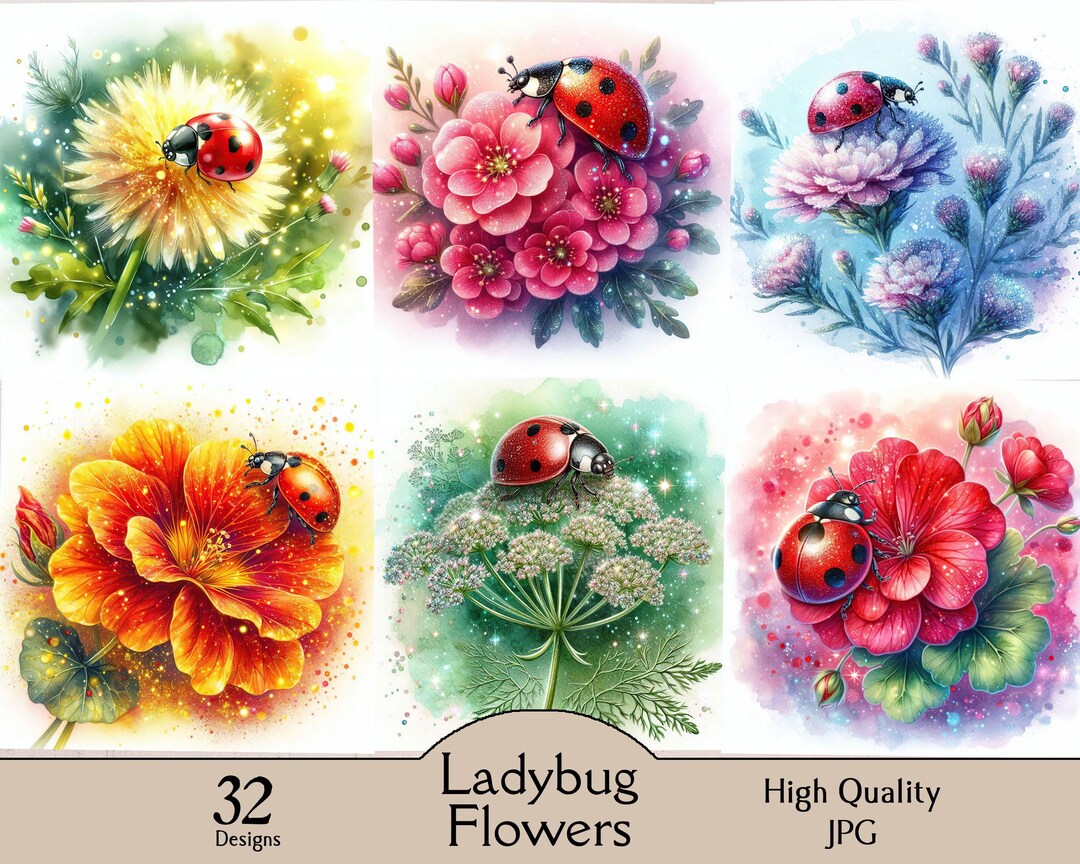 Ladybug Flowers Clipart, Floral Ladybug Bundle, Glittery Ladybug, 36 ...