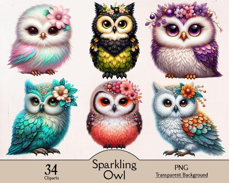 Sparkling Owl Clipart, 34 PNG Cliparts, Owl Clipart Bundle, Sublimation ...