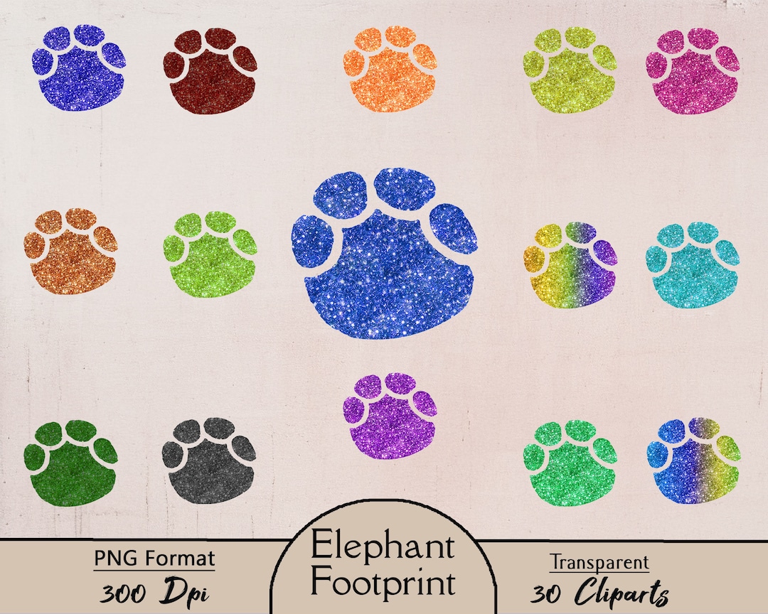 Elephant Footprint, 30 PNG Cliparts, Glitter Footprints, Elephant ...