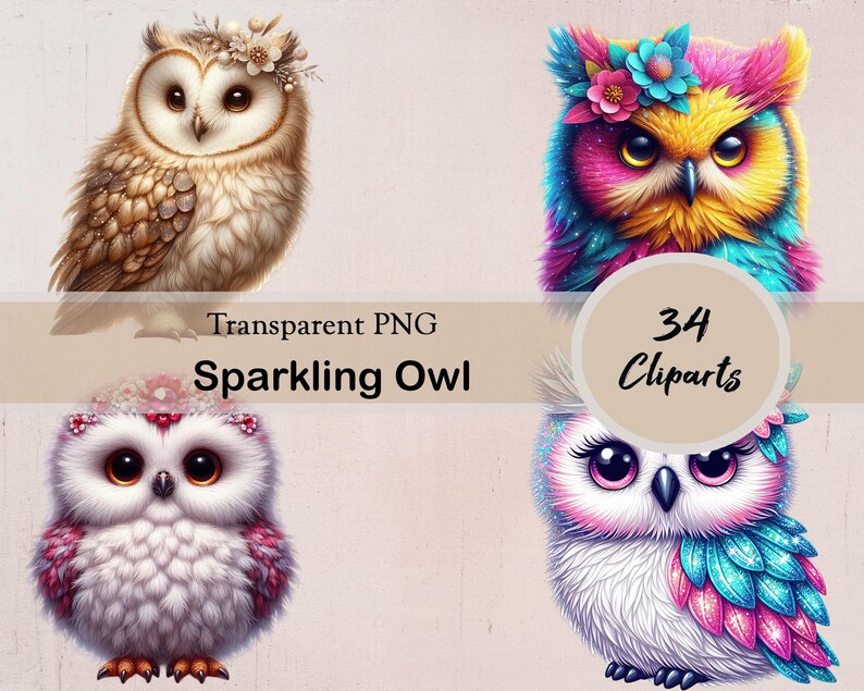 Sparkling Owl Clipart, 34 PNG Cliparts, Owl Clipart Bundle, Sublimation ...