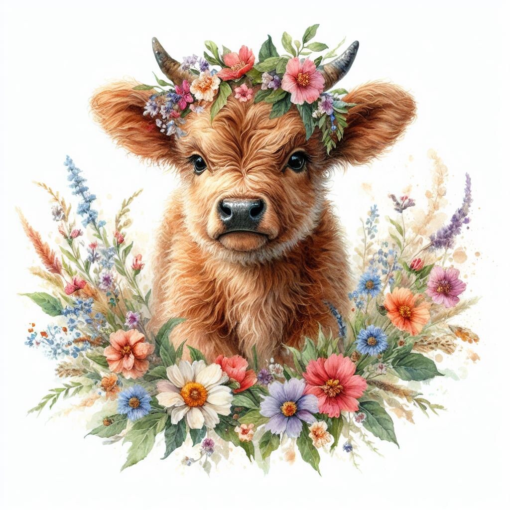 Watercolor Spring Highland Cow, 15 PNG Cliparts, Spring, Floral ...