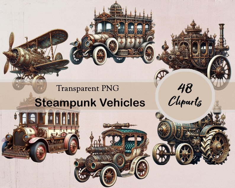 Steampunk Vehicles, 48 PNG Steampunk Cliparts, Watercolor, Steampunk ...