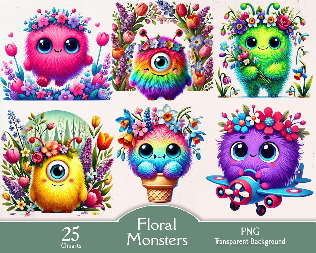 Cute Floral Monsters, 25 PNG Cliparts, Cartoon Monsters, Watercolor ...