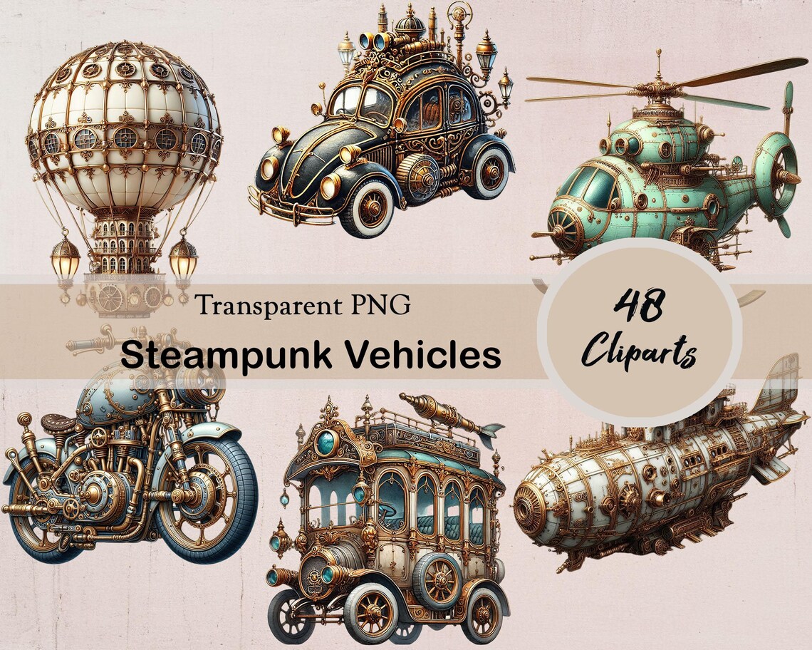 Steampunk Vehicles, 48 PNG Steampunk Cliparts, Watercolor, Steampunk ...