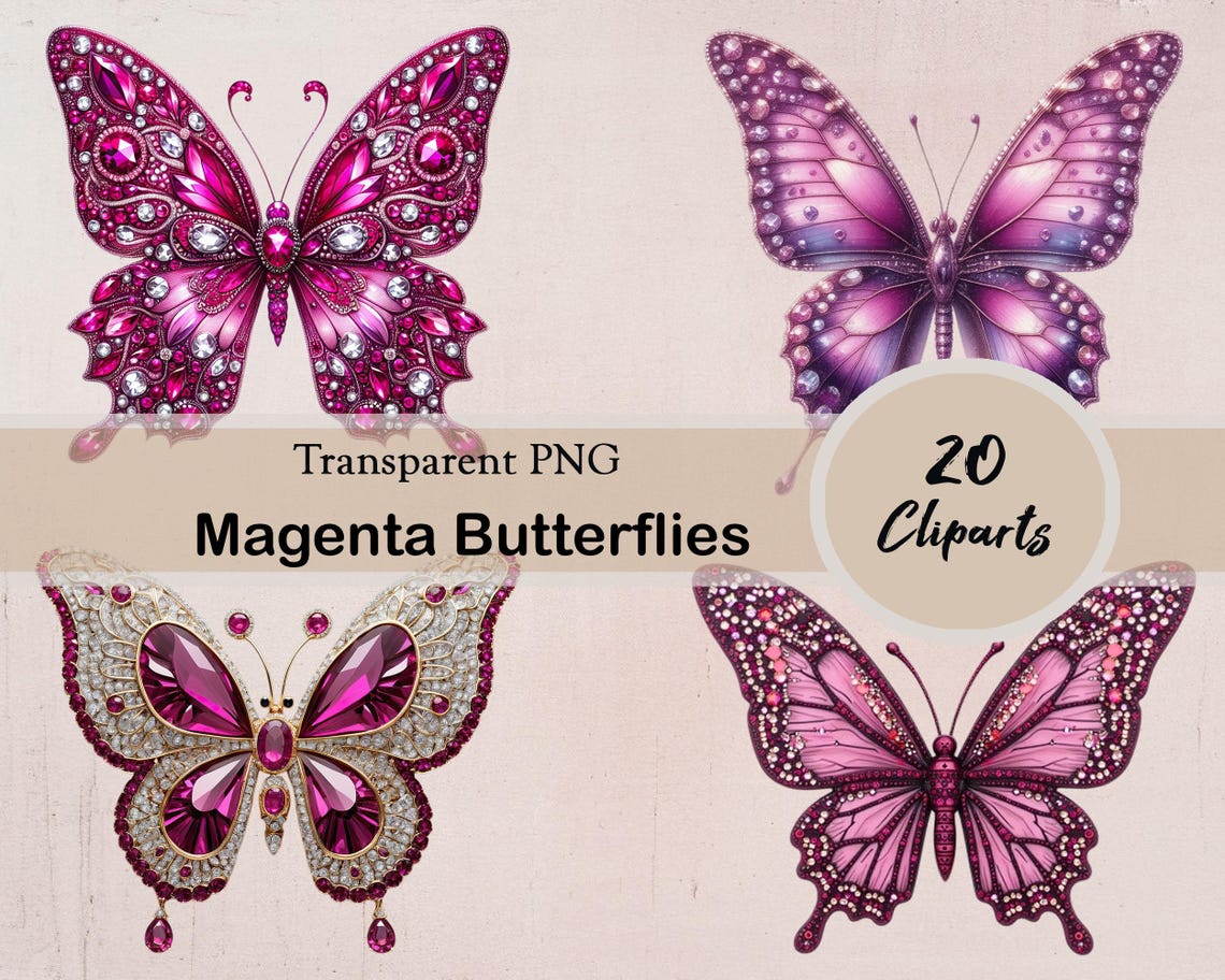 Magenta Sparkling Butterfly, Purple Glitter Butterfly, 20 PNG Cliparts ...