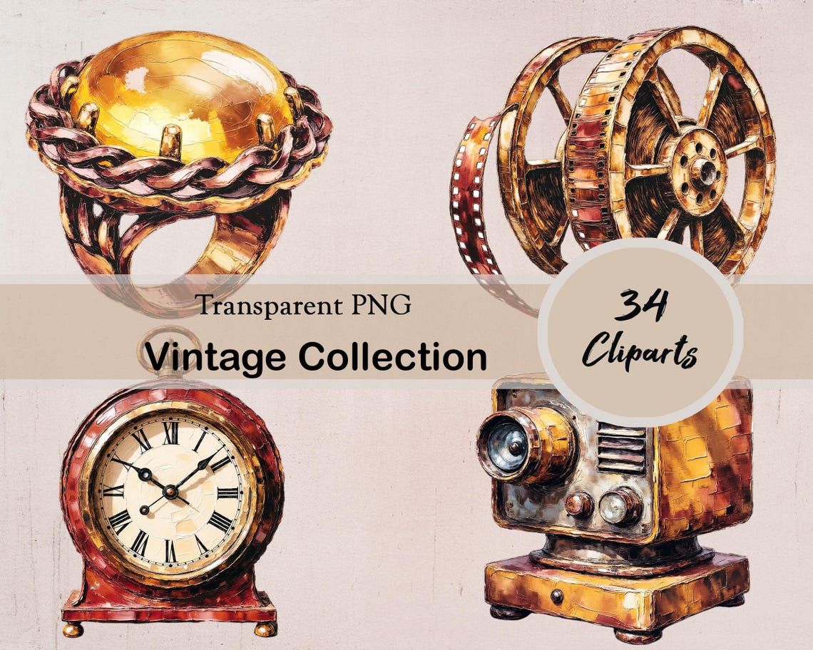 Vintage Collection Clipart, 34 PNG Cliparts, Old Things, Vintage ...