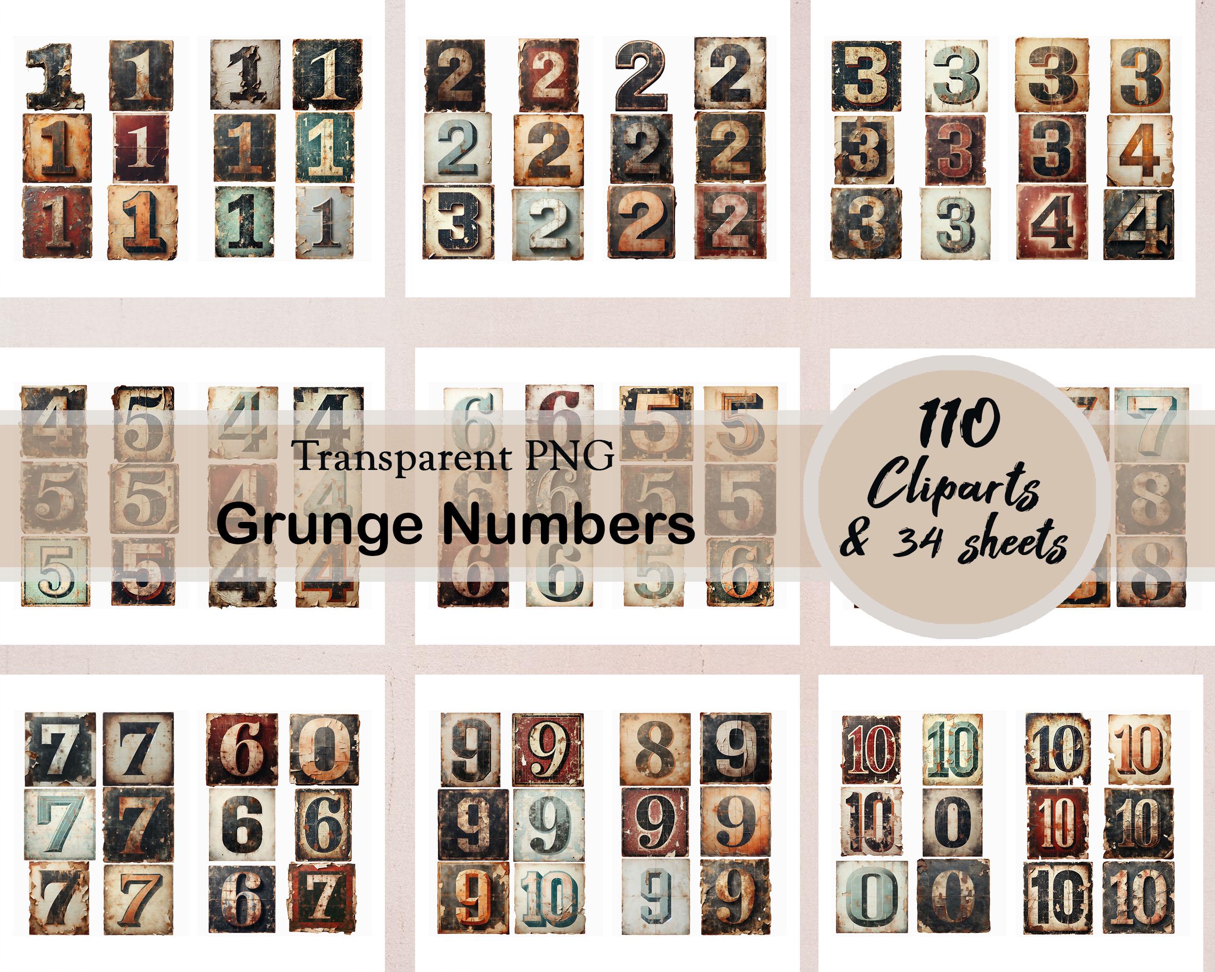 Grunge Numbers, Vintage Labels, 110 PNG Cliparts, Printable Sheets ...