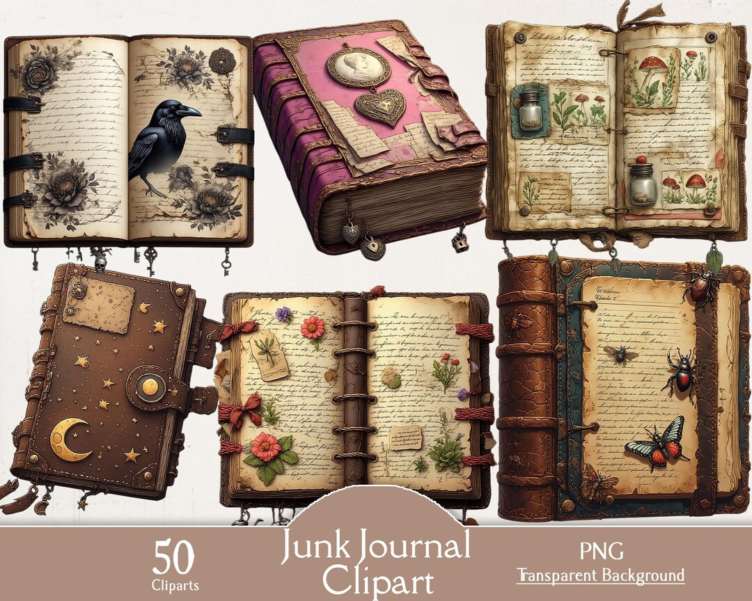 Vintage Junk Journal Clipart Set, Antique Leather Hardcover Journal ...