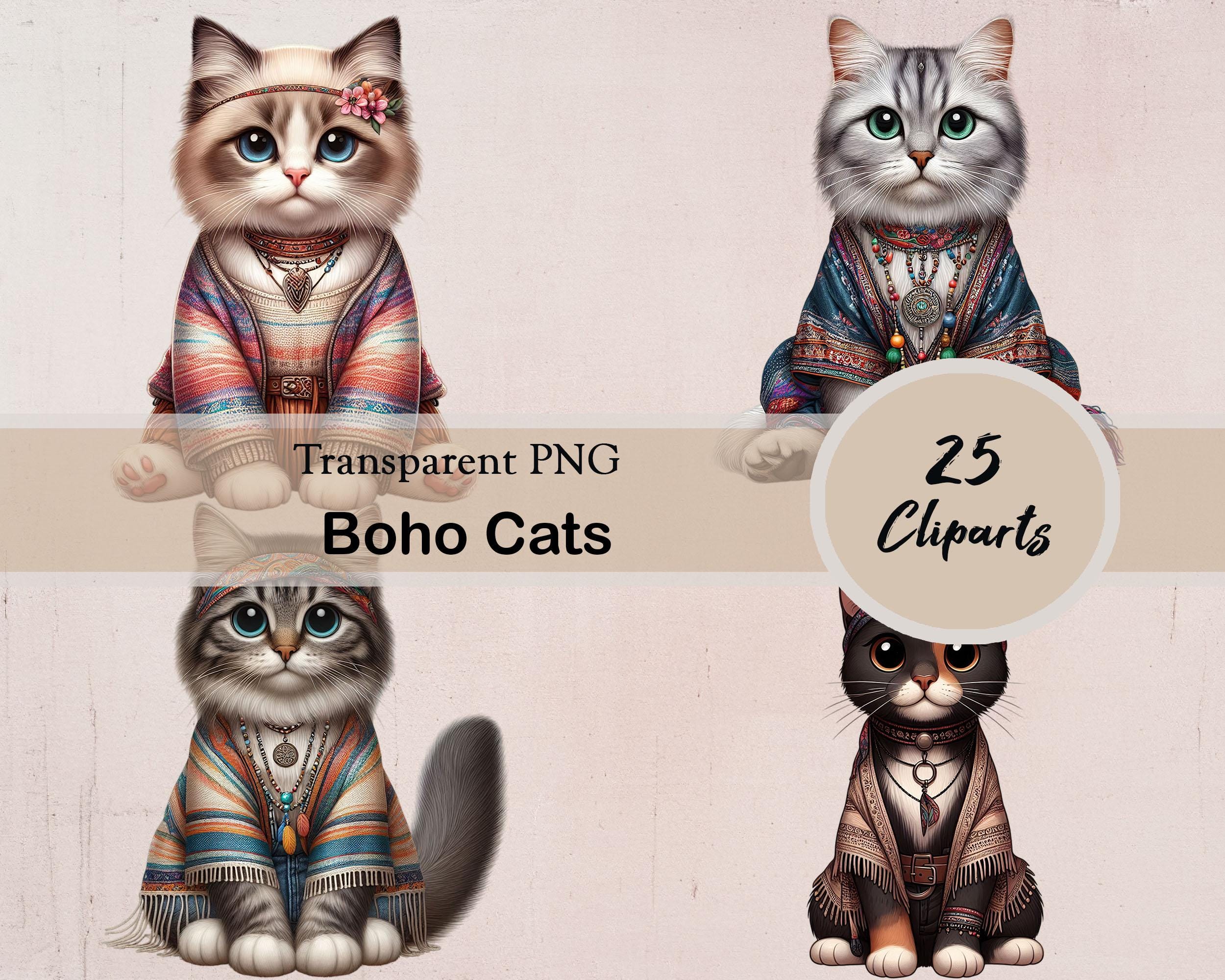 Boho Cat Clipart, 25 PNG Cliparts, Colorful Bohemian Cat Illustration ...