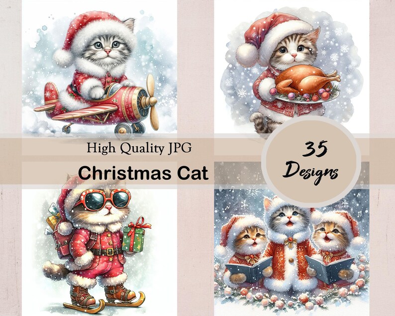 Christmas Cat, 35 JPG Images, Clipart, Cute Kitten, Christmas, Digital ...