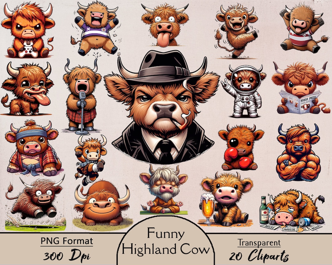 Funny Highland Cow, 20 PNG Cliparts, Whimsical Cows, Farm Animals ...