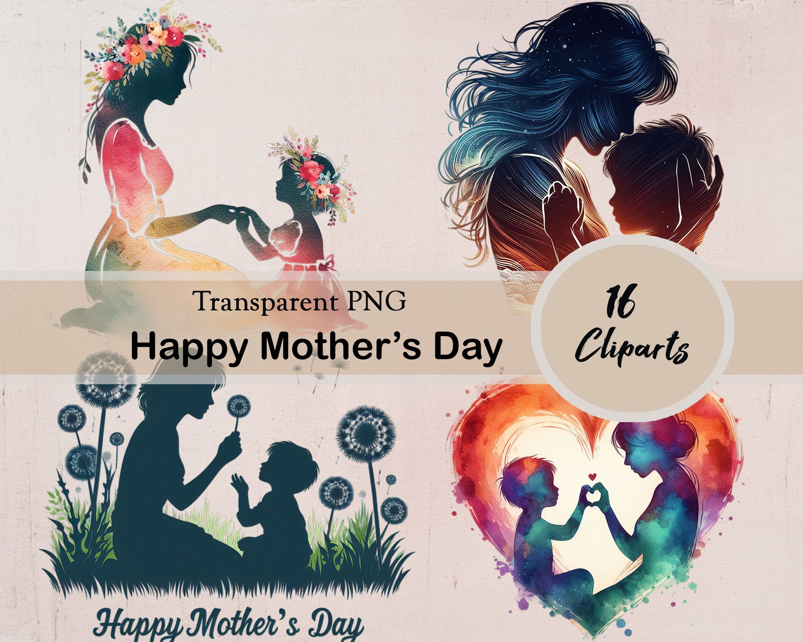 Happy Mother's Day, 16 PNG Cliparts, Watercolor, Mother’s Day, Clipart ...