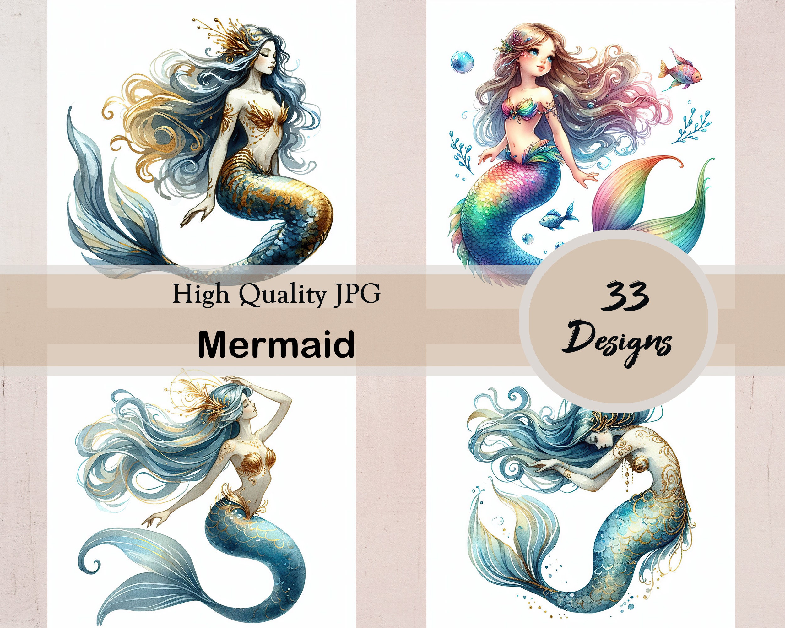 Mermaid, 33 JPG Images, Mermaid Clipart, Printable, Watercolor, Clipart ...