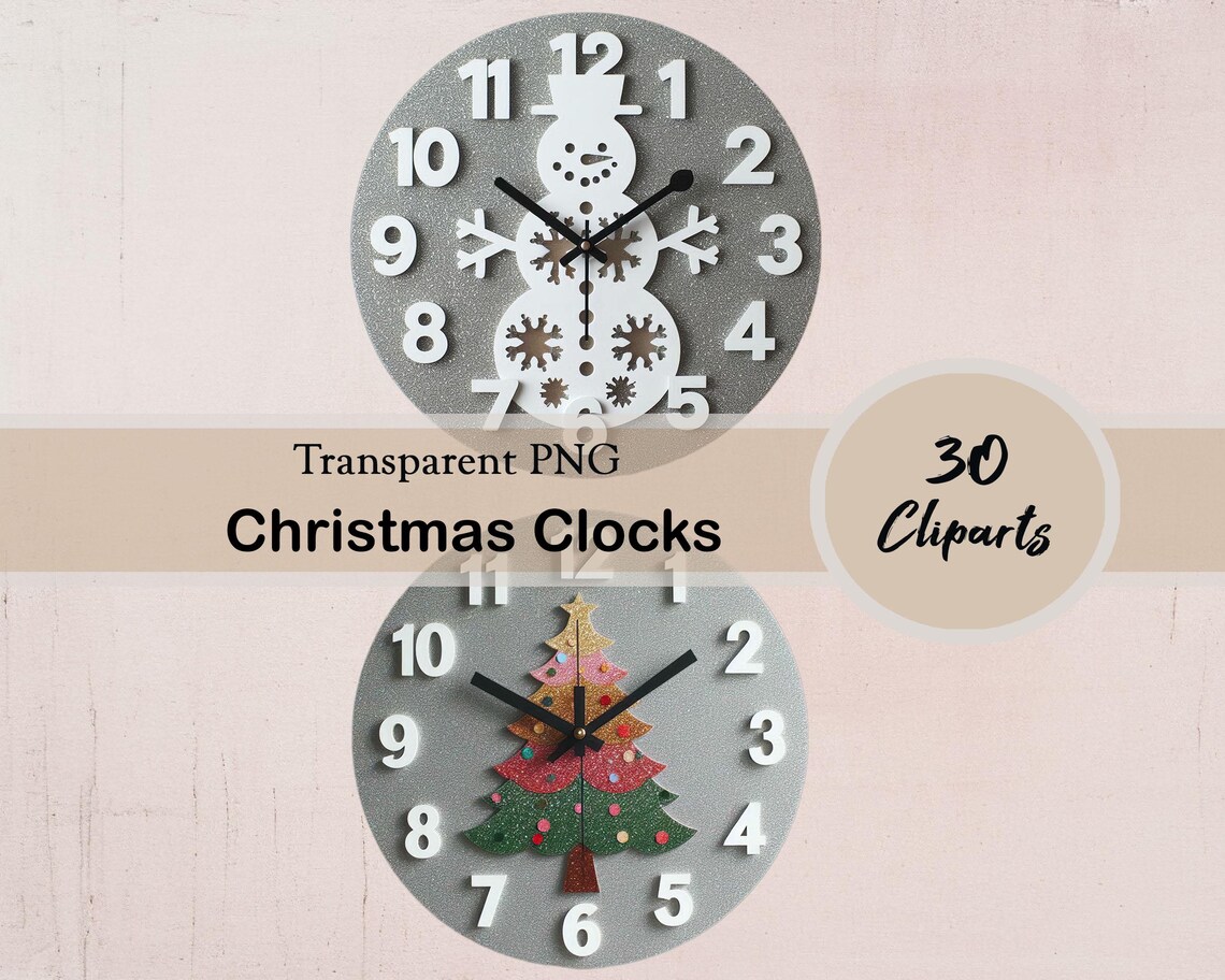Christmas Clocks, 30 PNG Cliparts, Wall Clocks, Table Clocks, Digital ...