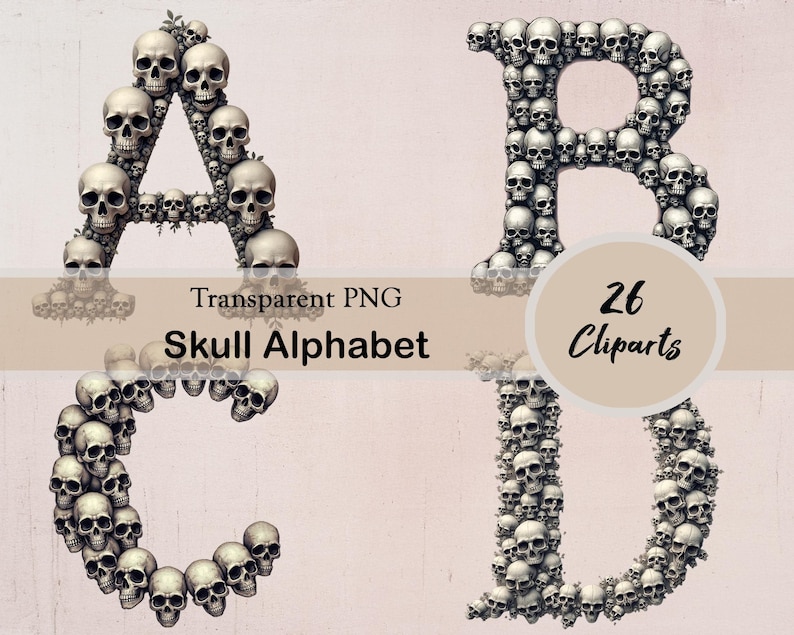 Skull Alphabet, Bones and Skulls Alphabet Clipart, 26 PNG Cliparts With ...