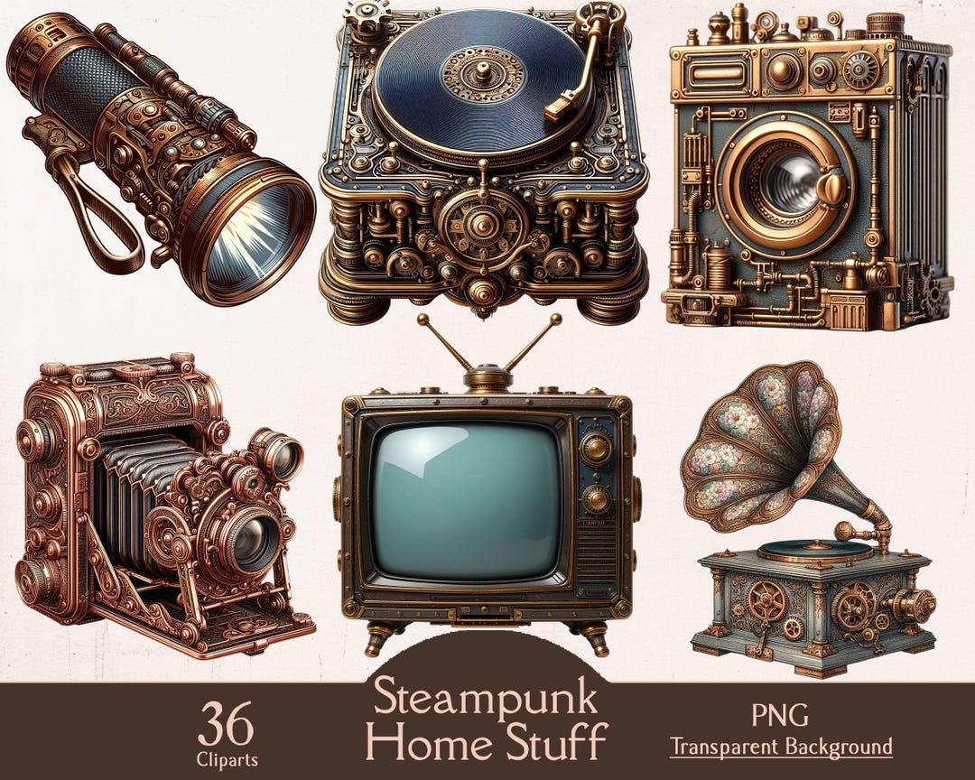 Steampunk Home Stuff Items, 36 PNG Cliparts, Steampunk Bundle ...
