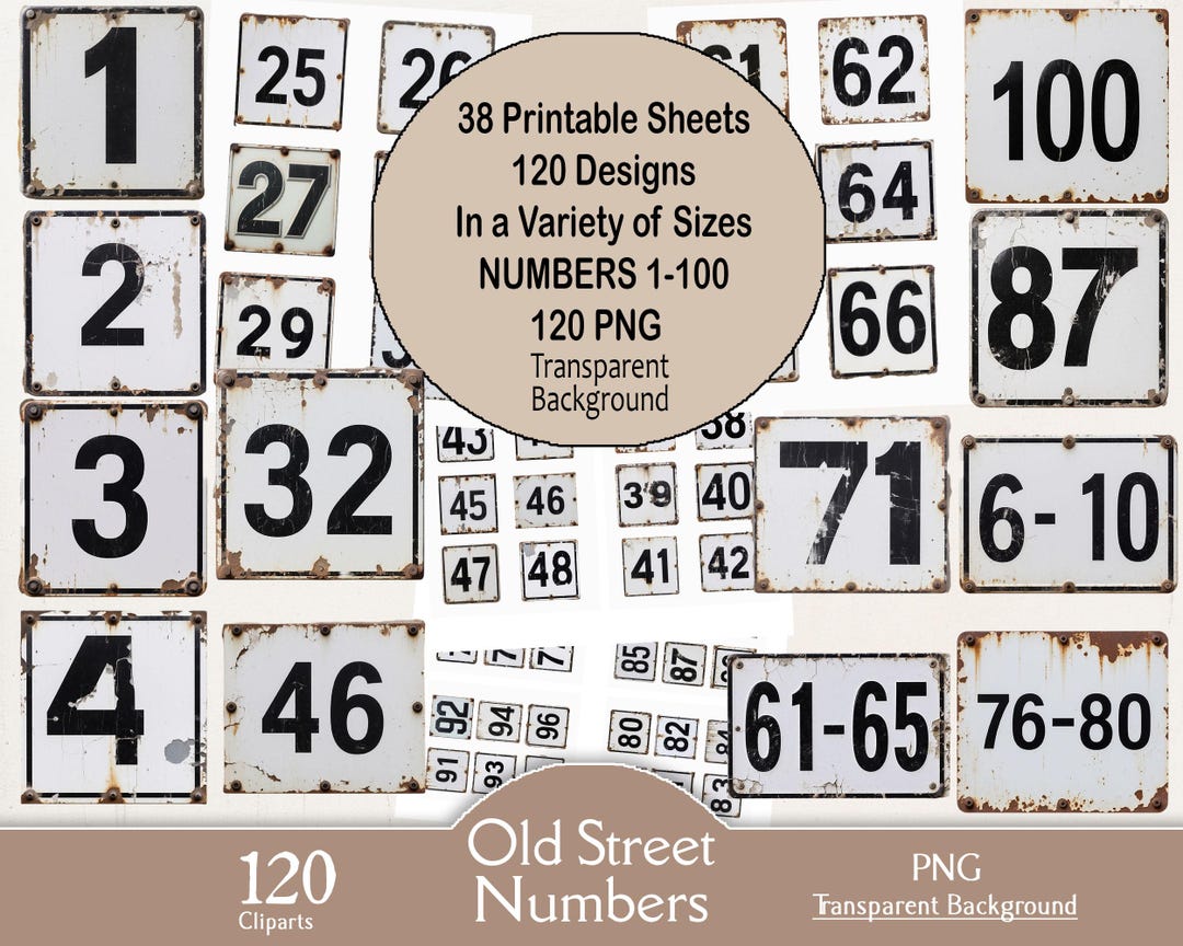Old Street Numbers, 120 PNG Cliparts, Printable Sheets, Fussy Cuts ...