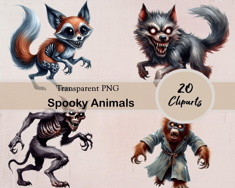 Spooky Animals Clipart Bundle, Creepy Animals, 20 PNG Cliparts ...
