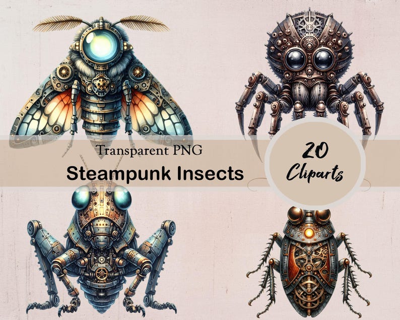 Steampunk Insect Clipart, 20 PNG Cliparts, Fantasy Bug, Steampunk Art ...