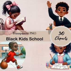Black Kids School Activities Clipart Bundle, 30 PNG Cliparts, African ...