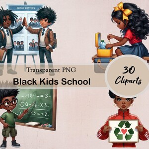 Black Kids School Activities Clipart Bundle, 30 PNG Cliparts, African ...
