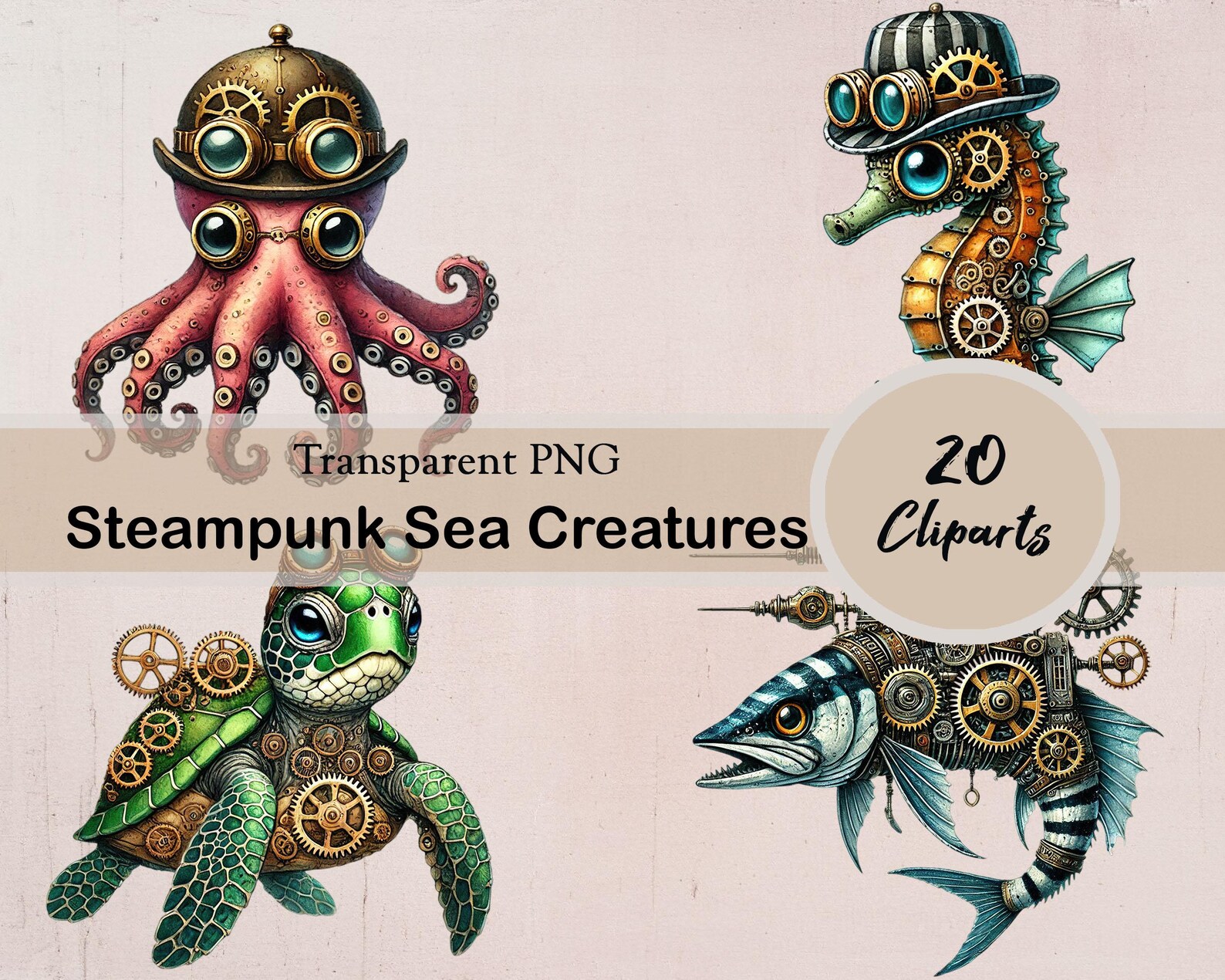 Steampunk Sea Animals, 20 PNG Cliparts, Underwater Clipart, Ocean ...