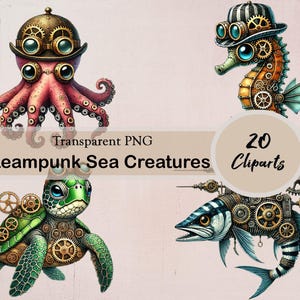 Steampunk Sea Animals, 20 PNG Cliparts, Underwater Clipart, Ocean ...