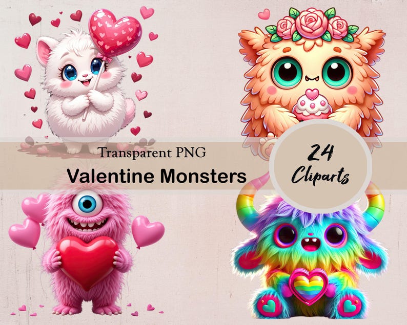 Cute Valentine Monsters, 24 PNG Cliparts, Cartoon Monsters, Watercolor ...