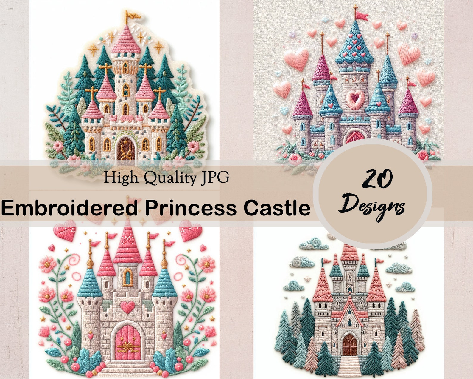 Embroidered Princess Castle, 20 JPG Images, Embroidery, Castle, Kingdom ...