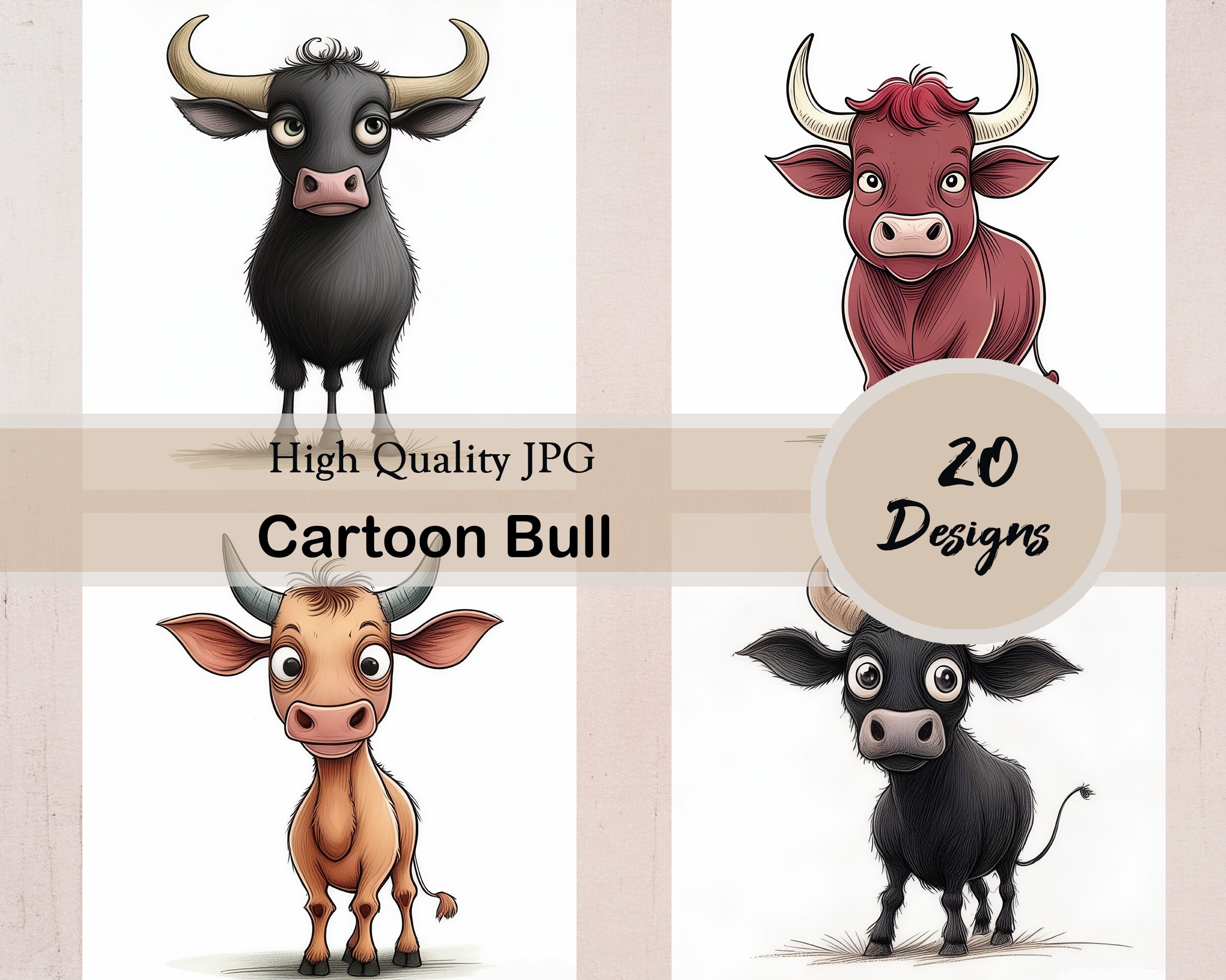 Cartoon Bull, 20 JPG Images, Baby Room, Baby Shower, Cute Bull, Digital ...