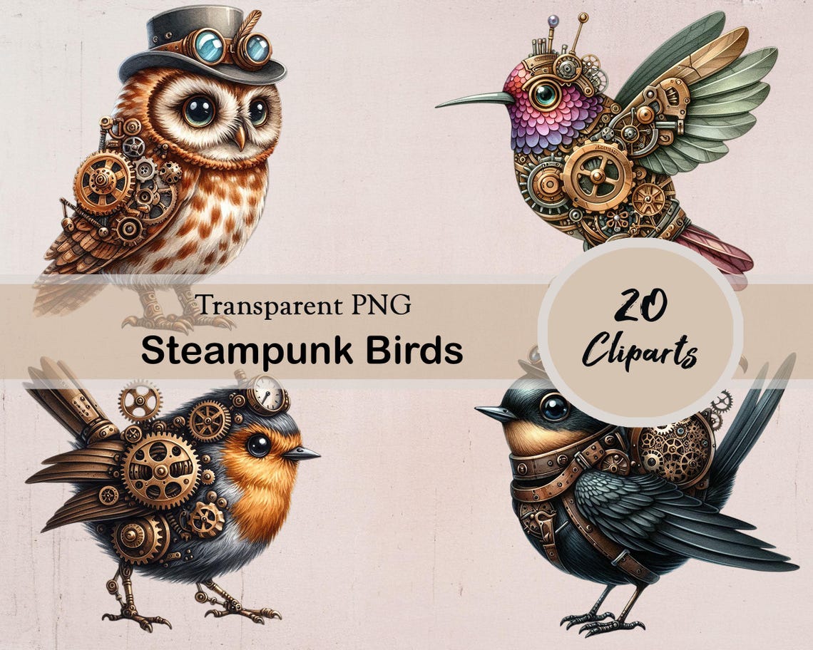 Steampunk Birds, 20 PNG Cliparts, Steam Punk, Bird, Printable, Digital ...