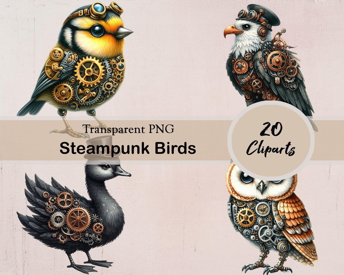 Steampunk Birds, 20 PNG Cliparts, Steam Punk, Bird, Printable, Digital ...