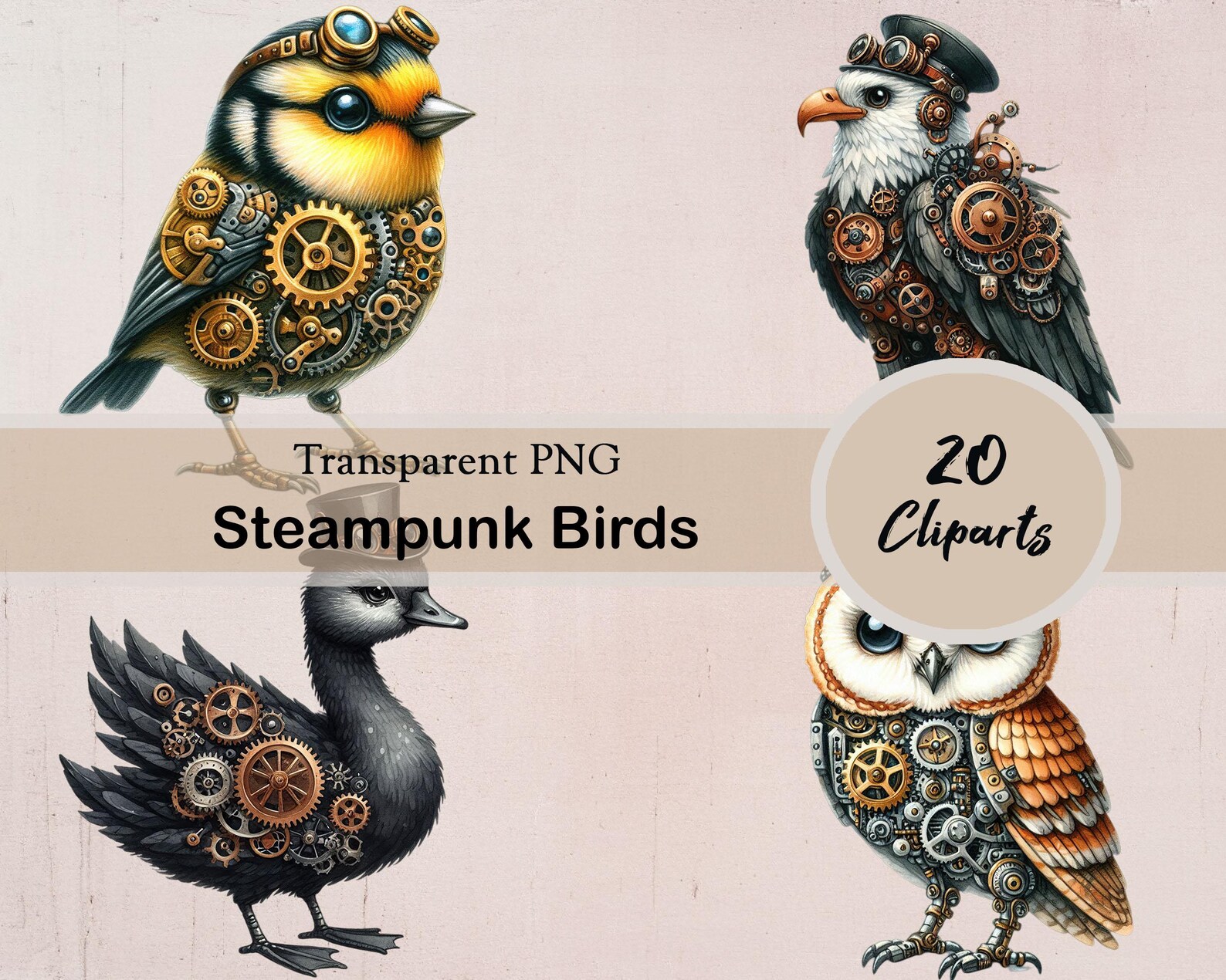 Steampunk Birds, 20 PNG Cliparts, Steam Punk, Bird, Printable, Digital ...