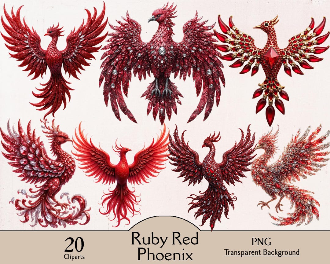 Ruby Red Phoenix Clipart, Glitter Legendary Phoenix, 20 PNG Cliparts ...