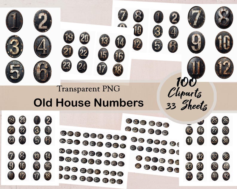 Old House Numbers, 100 PNG Cliparts, Printable Sheets, Fussy Cuts ...
