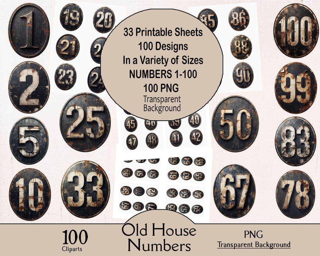 Old House Numbers, 100 PNG Cliparts, Printable Sheets, Fussy Cuts ...