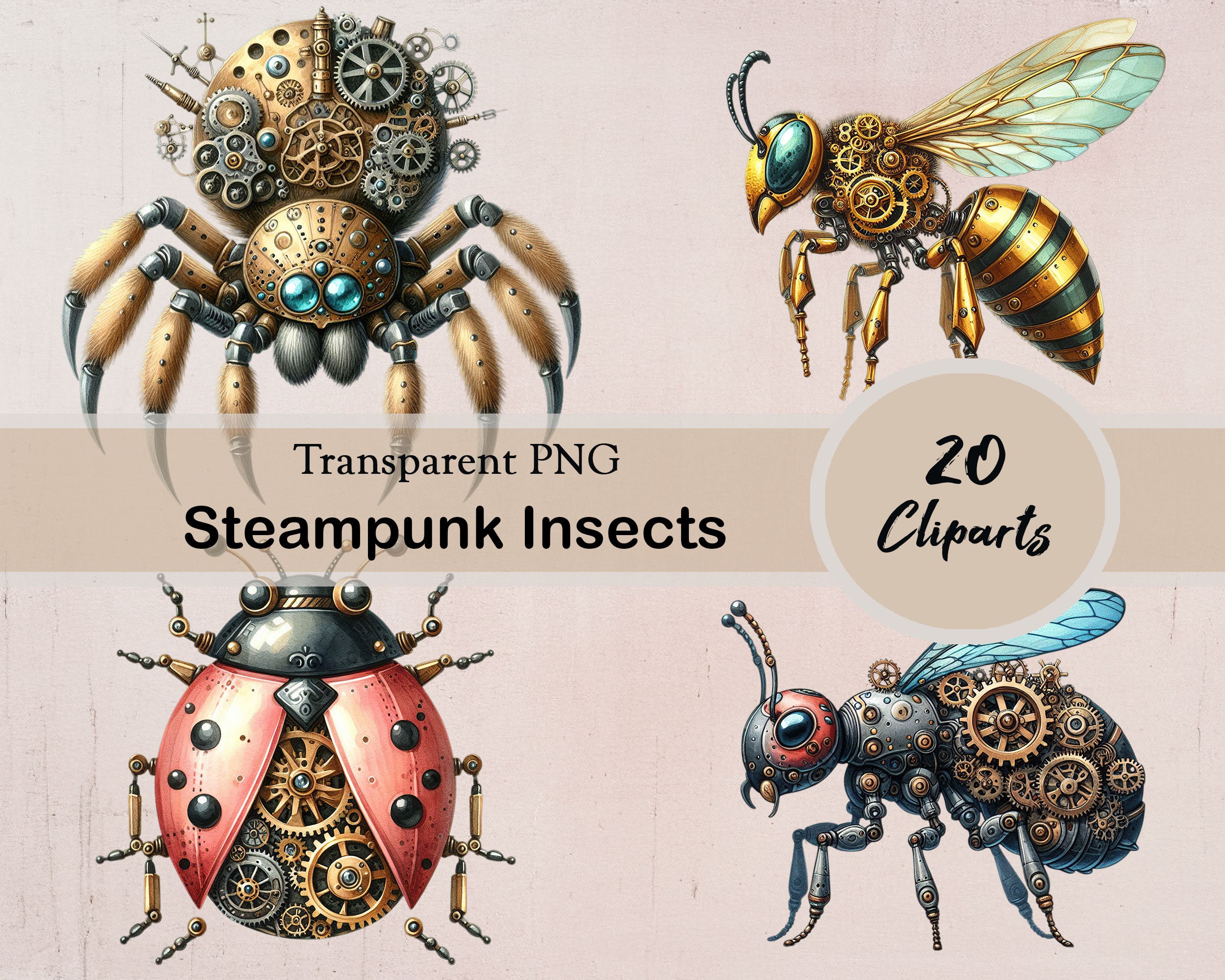 Steampunk Insects, 20 PNG Cliparts, Steampunk, Insect, Printable ...