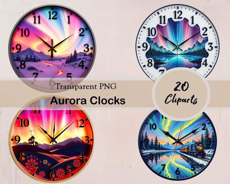 Aurora Clocks, 20 PNG Cliparts, Wall Clock, Wall Decoration, Landscape ...