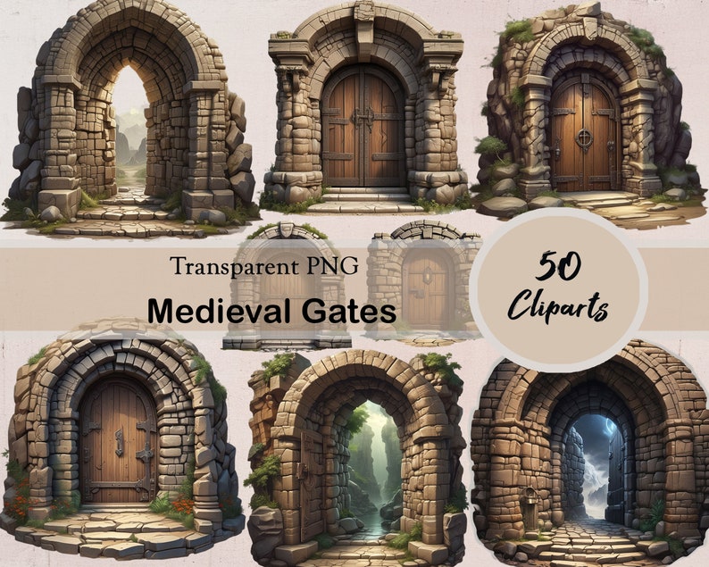 Medieval Gates, 50 PNG Cliparts, Fantasy Wooden Doors, Dungeon Entrance ...