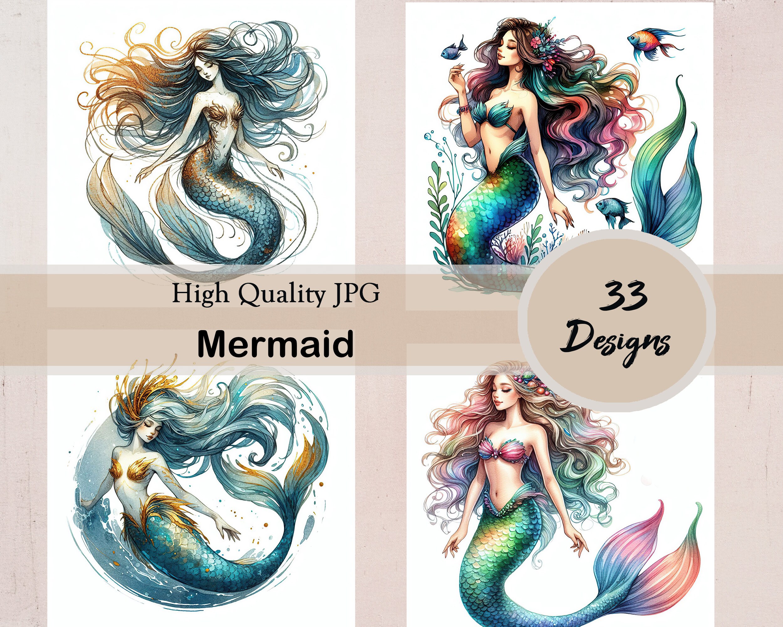 Mermaid, 33 JPG Images, Mermaid Clipart, Printable, Watercolor, Clipart ...