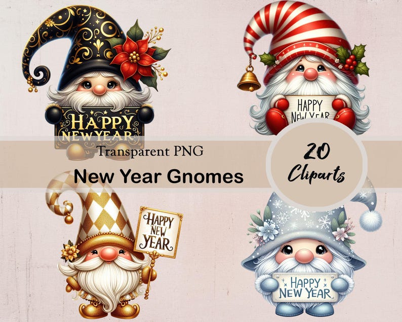 Happy New Year Gnome Clipart Bundle, 20 PNG Cliparts With Transparent ...