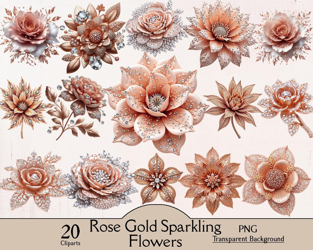 Rose Gold Sparkling Flower Clipart, Glitter Flower, 20 PNG Cliparts ...