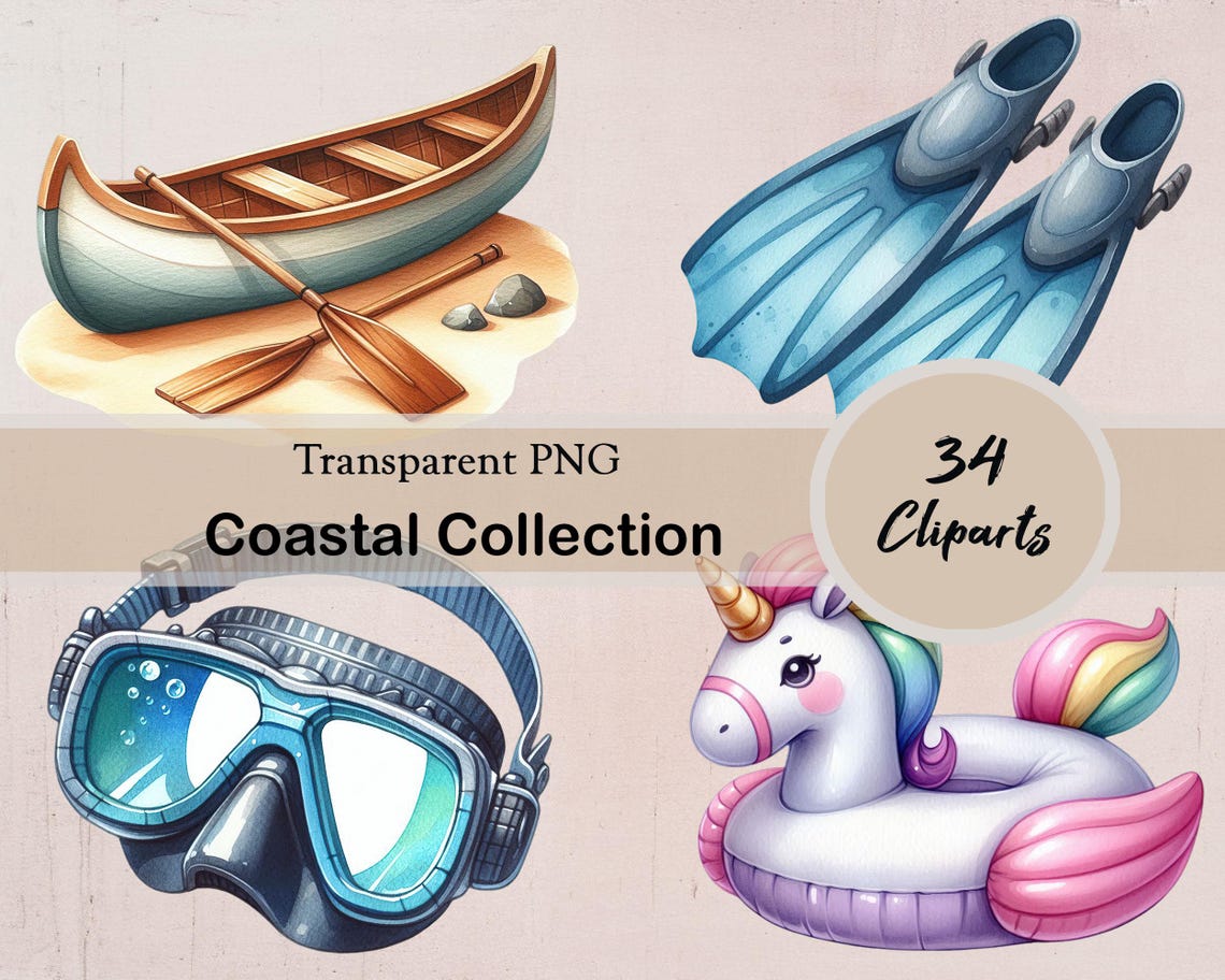 Watercolor Coastal Clipart Collection, 34 PNG Cliparts, Summer Clipart ...