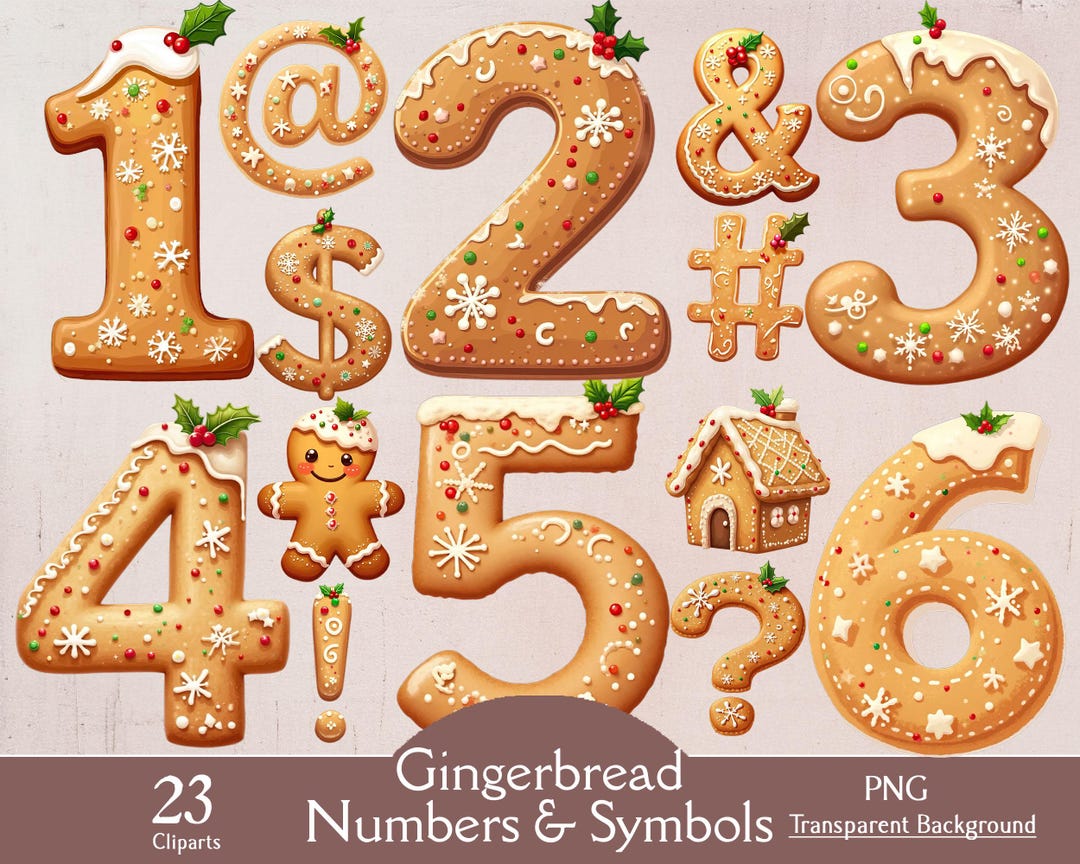 Gingerbread Numbers and Symbols Clipart, Christmas Alphabet, 23 PNG ...