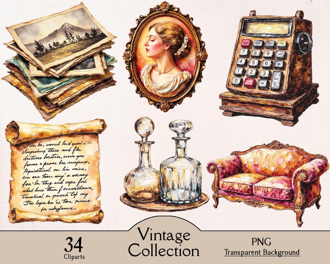 Vintage Collection Clipart, 34 PNG Cliparts, Old Things, Vintage ...