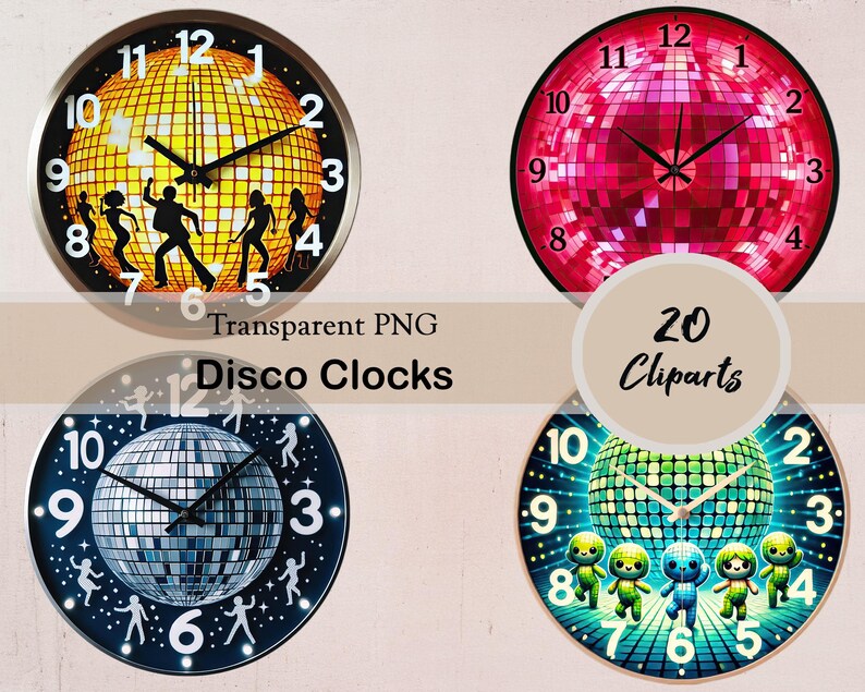Disco Clocks, 20 PNG Cliparts, Disco Ball, Wall Clock, Mirror Ball ...