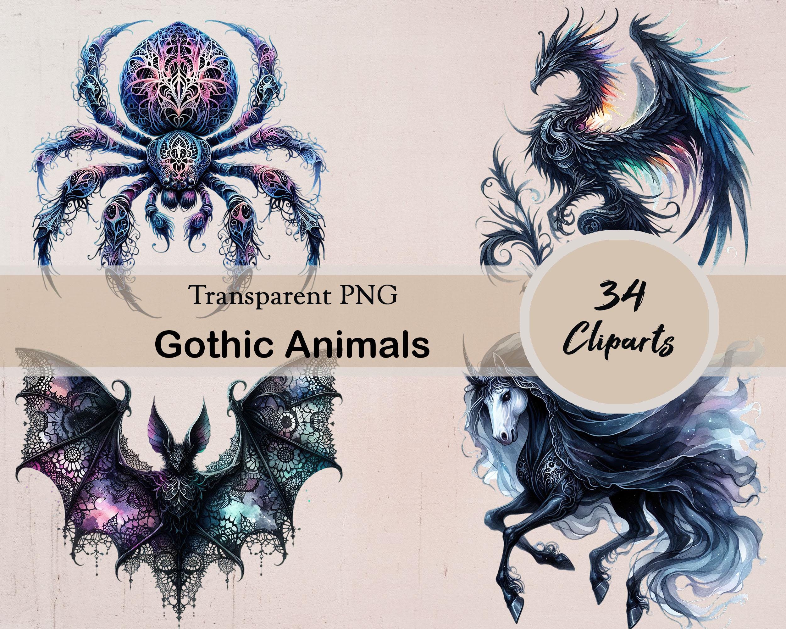Watercolor Gothic Animals, 34 PNG Cliparts, Watercolor Ethereal Animals ...