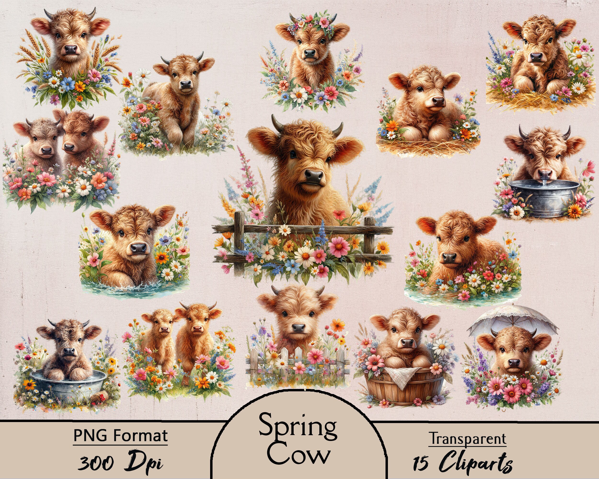 Watercolor Spring Highland Cow, 15 PNG Cliparts, Spring, Floral ...