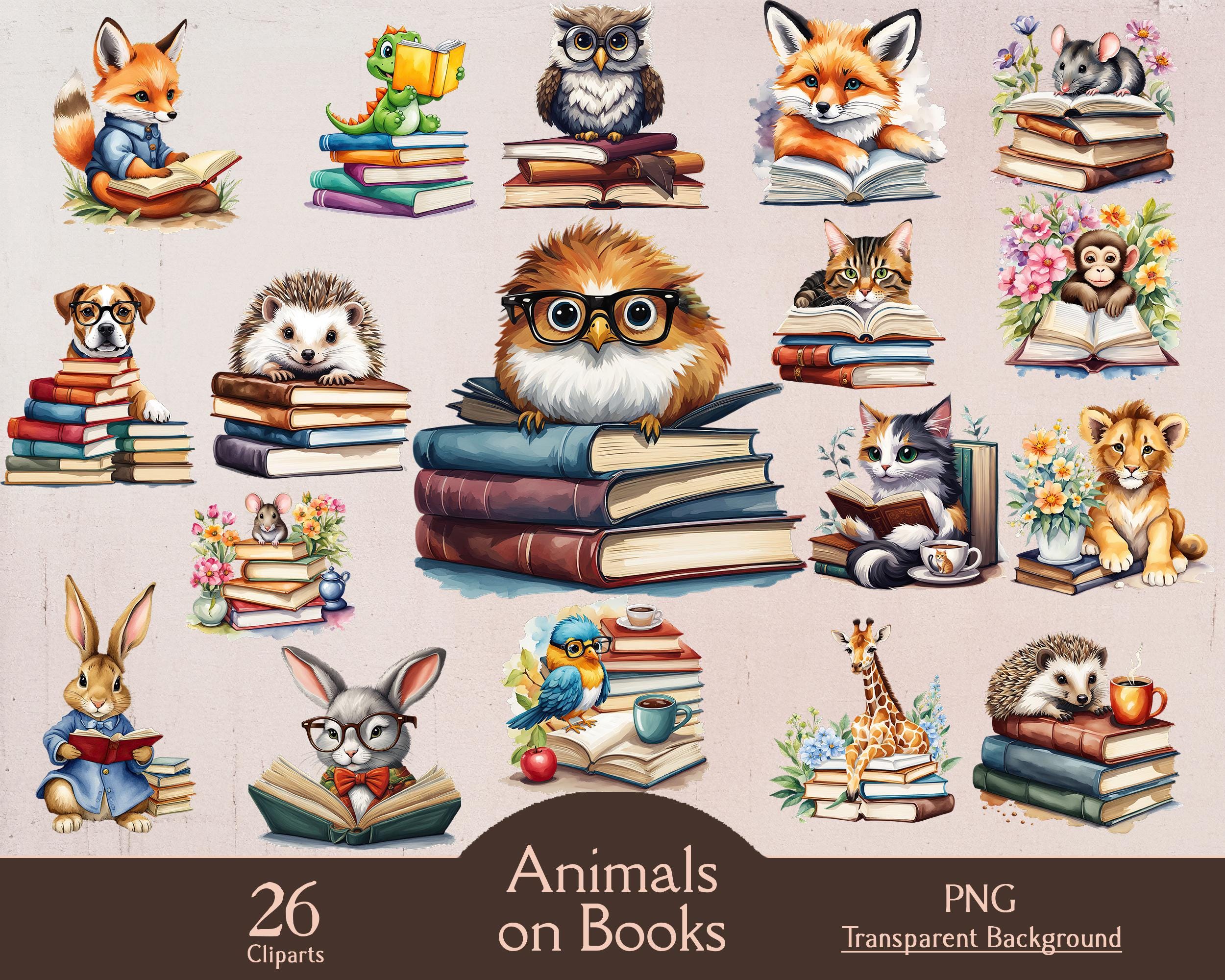 Animals on Books, 26 PNG Cliparts, Animal Books, Digital, Download ...